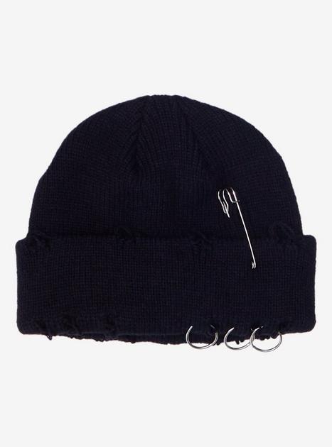 Black Knit Distressed Pierced Beanie | Hot Topic