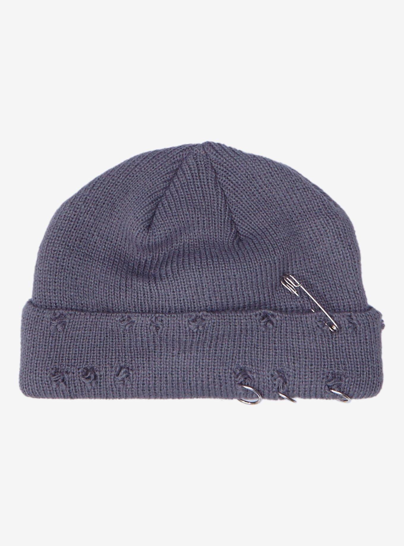 Grey Knit Distressed Pierced Beanie | Hot Topic