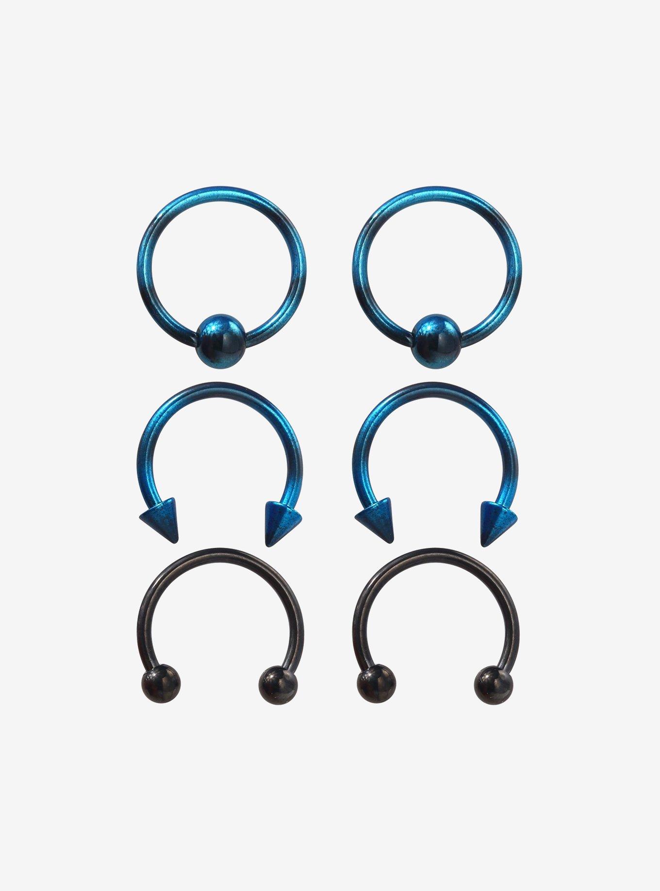 Steel Black & Blue Circular Barbell & Captive Hoop 6 Pack | Hot Topic
