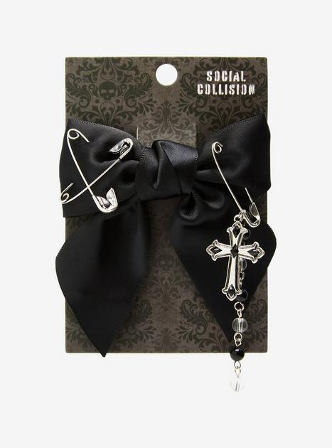Social Collision Black Safety Pin Cross Hair Bow | Hot Topic