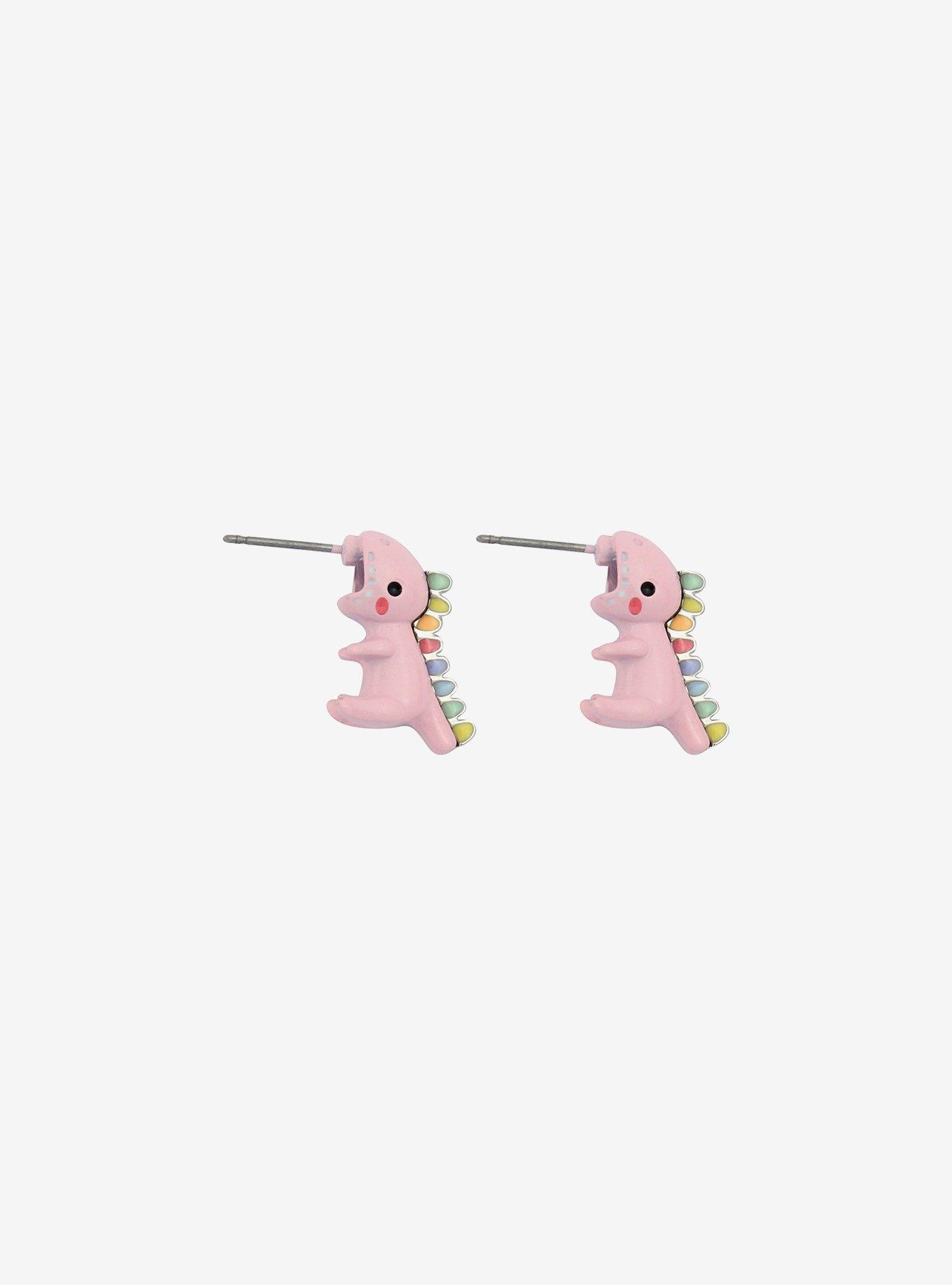 Pink Rainbow Biting Dinosaur Earrings | Hot Topic