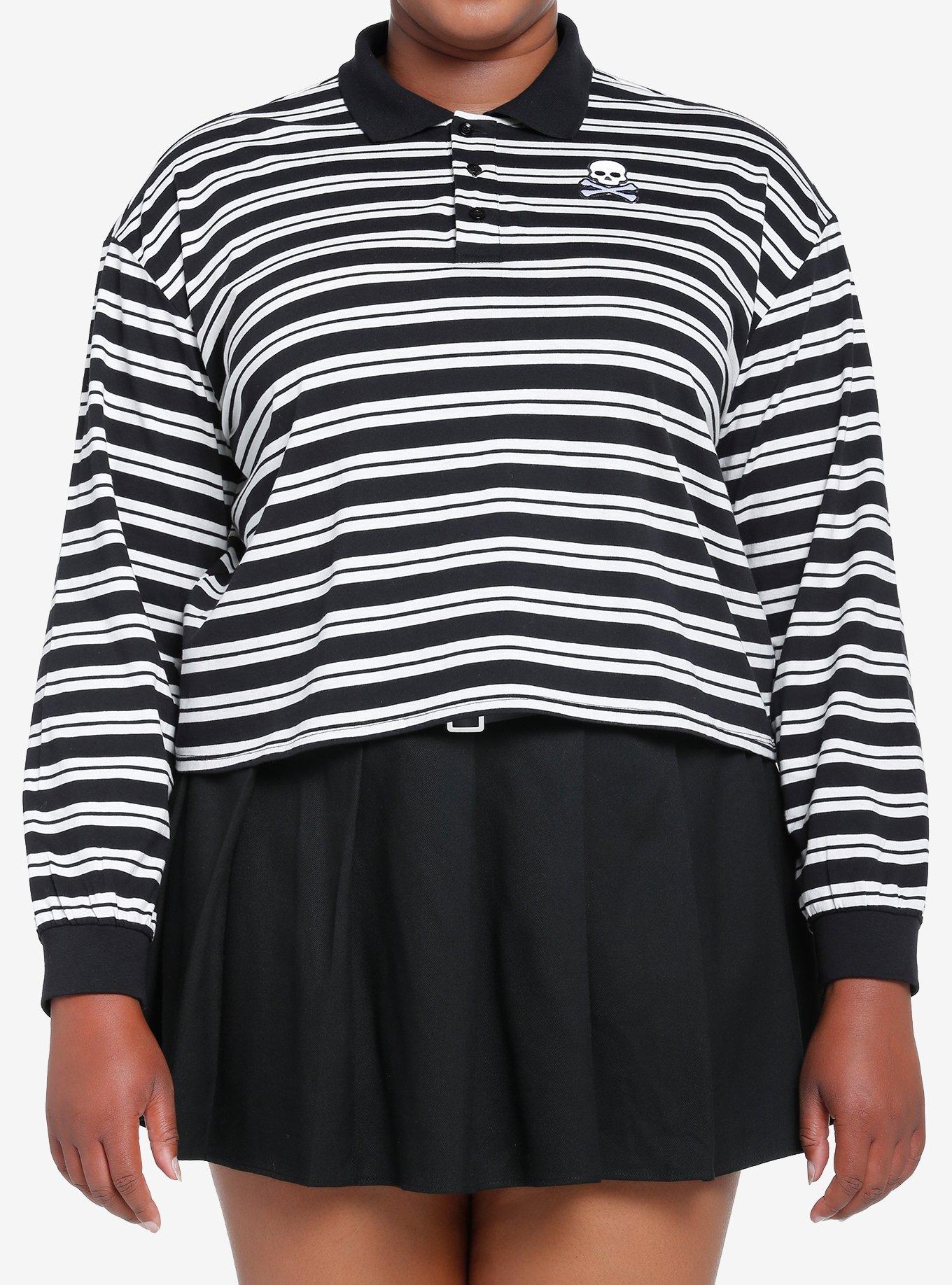 Social Collision Skull Striped Girls Crop Long Sleeve Polo Plus Size