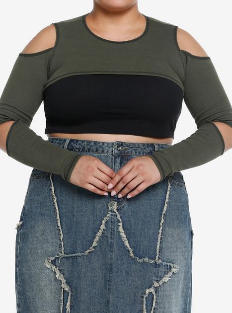 Olive Cold Shoulder Cutout Girls Crop Shrug Plus Size | Hot Topic