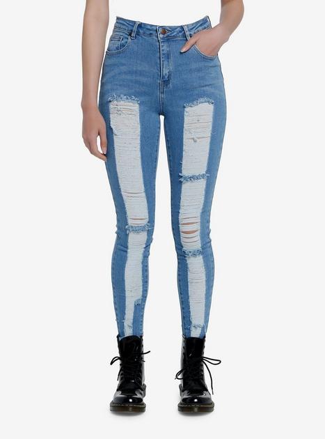 Blue Destructed Denim Skinny Jeans | Hot Topic