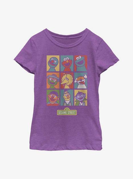 Sesame Street Puppets Grid Youth Girls T-Shirt - PURPLE | BoxLunch