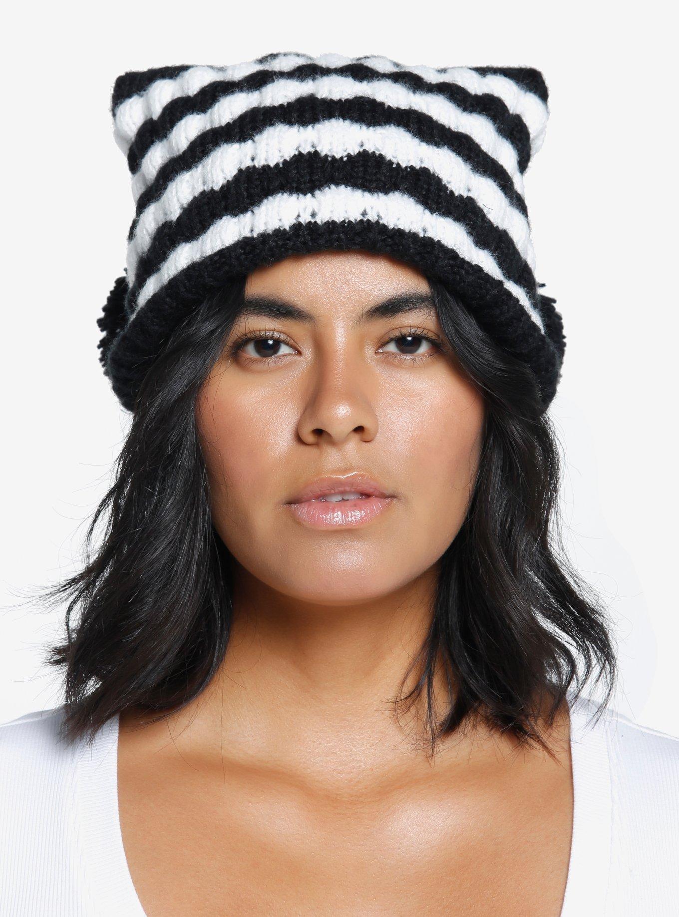 Black & White Striped Floppy Poms Beanie | Hot Topic