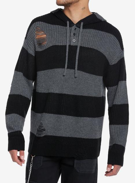 Destructed Black & Grey Stripe Oversized Hoodie | Hot Topic