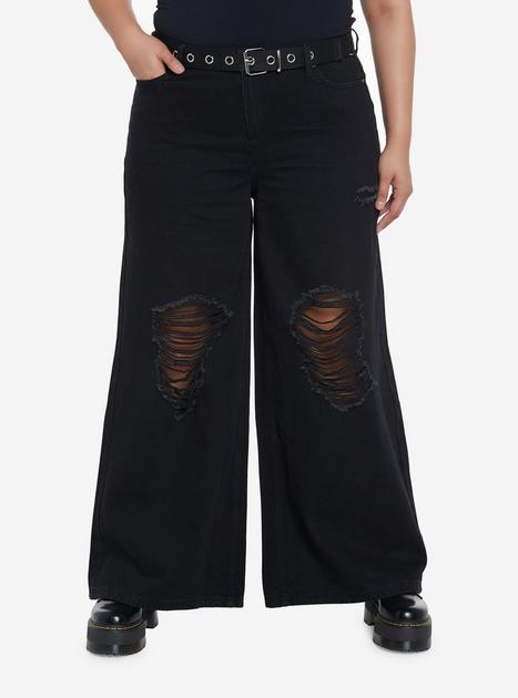 Social Collision Black Destructed Straight Leg Pants With Belt Plus ...