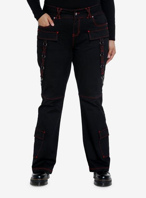 Black & Red Contrast Stitch Strap Flare Pants Plus Size | Hot Topic