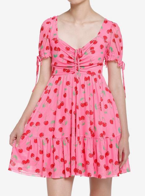 Sweet Society Cherries Pink Puff Sleeve Dress | Hot Topic