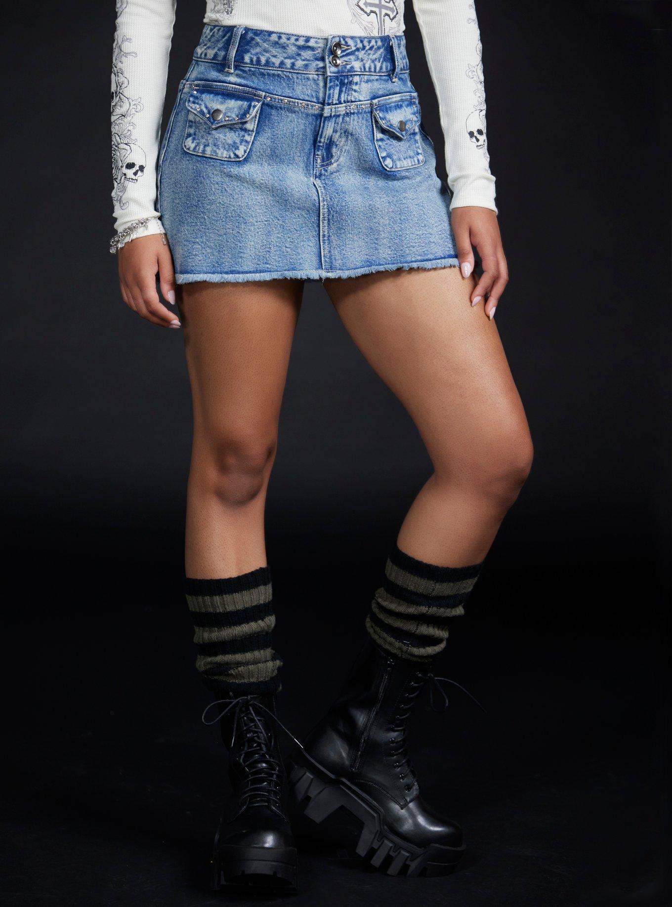 Social Collision Skull Patches Denim Mini Skirt | Hot Topic