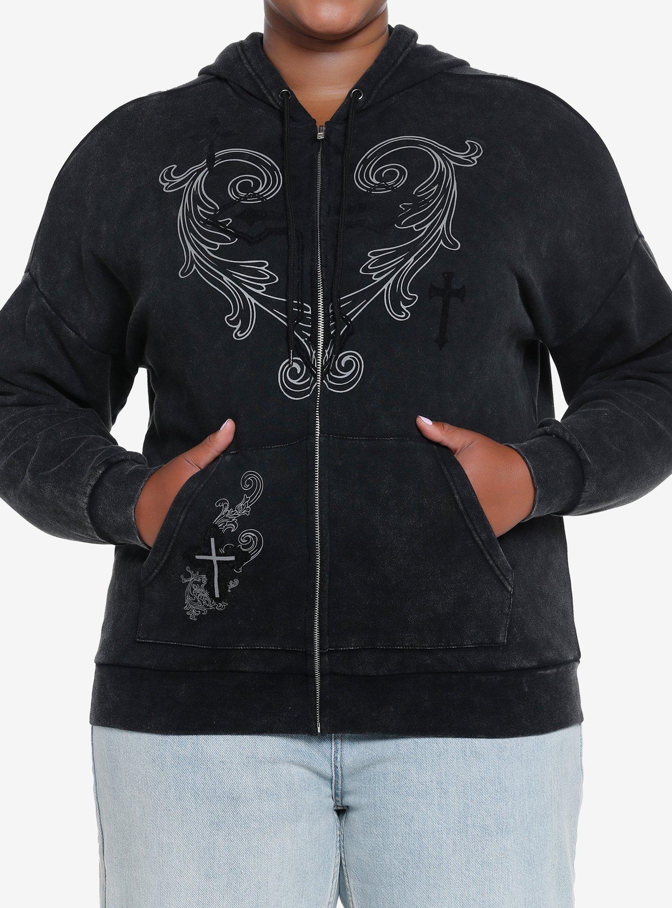 Social Collision Flocked Cross Mineral Wash Girls Hoodie Plus Size