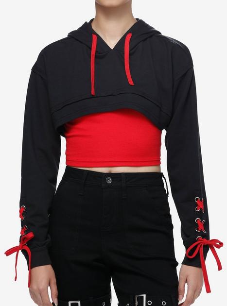 Social Collision Red Lace-Up Girls Crop Hooded Shrug | Hot Topic