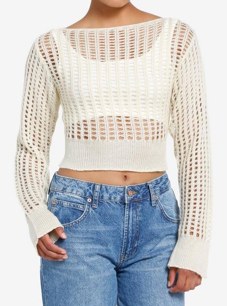 Cream Open Knit Crop Girls Sweater | Hot Topic
