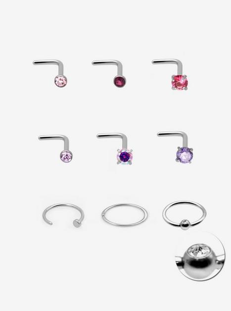 Steel Purple & Pink Nose Stud & Hoop 9 Pack | Hot Topic