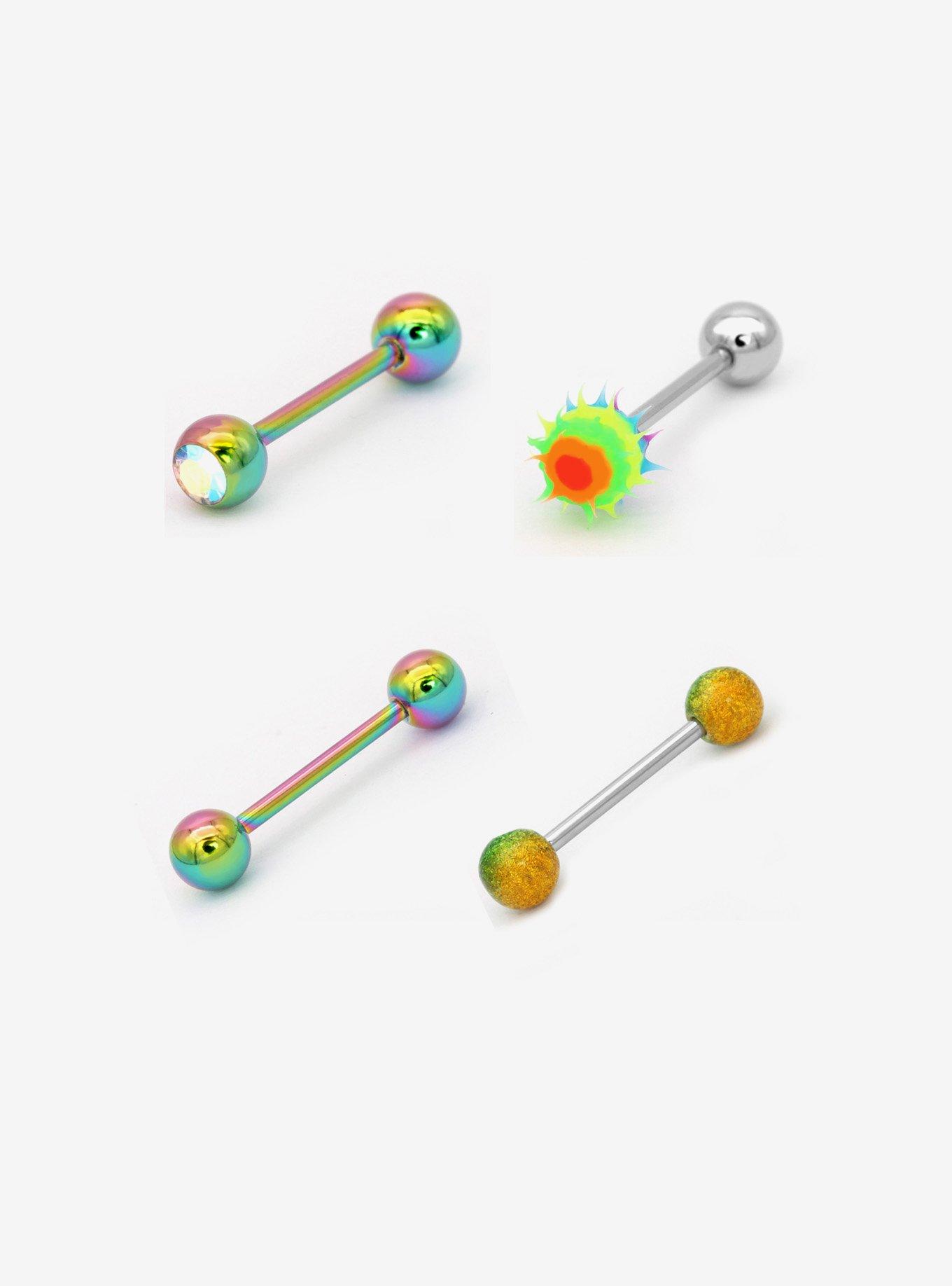 Steel Anodized Rainbow Spike Tongue Barbell 4 Pack | Hot Topic