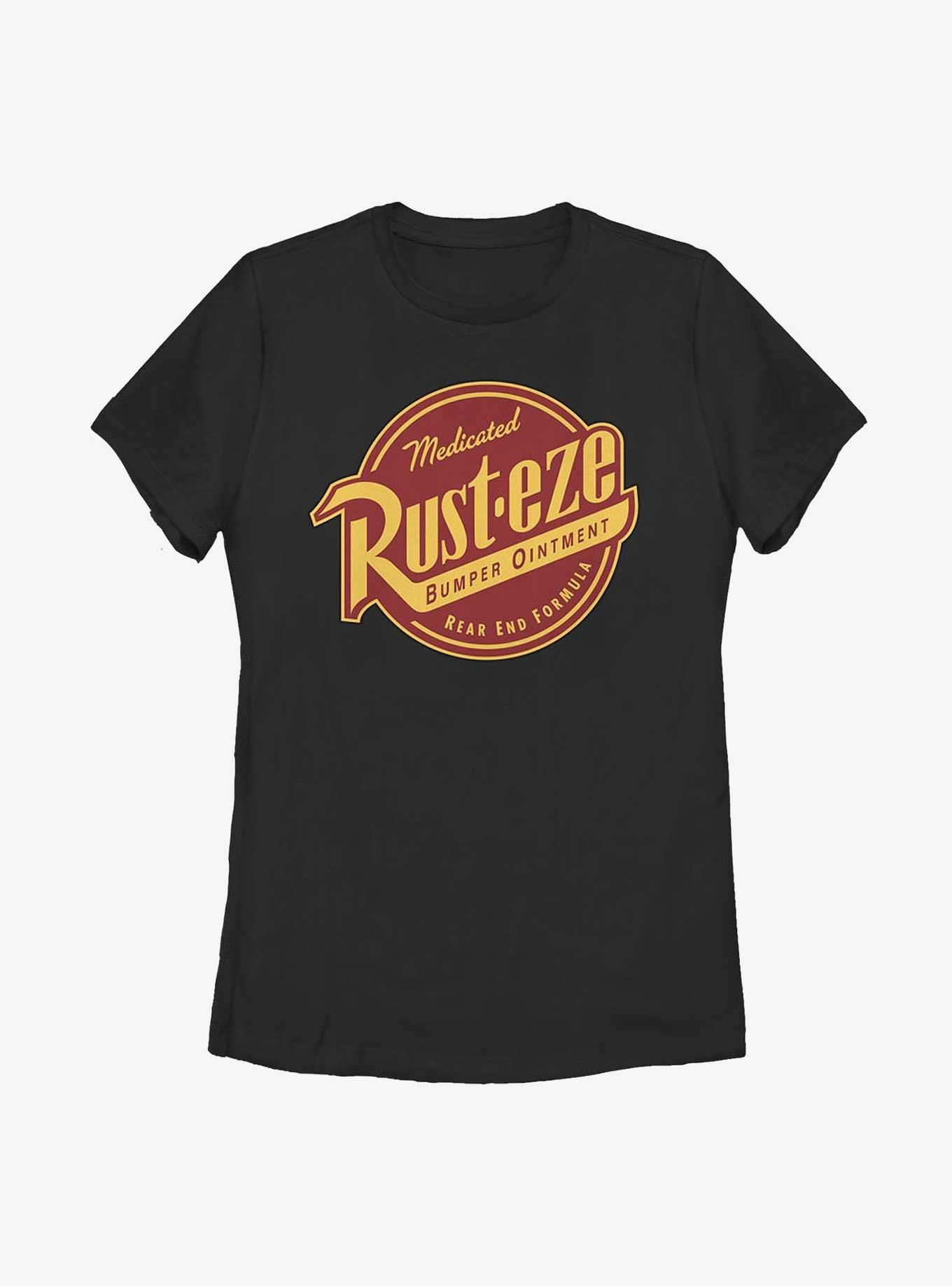 Disney Pixar Cars Rust-eze Label Womens T-Shirt - BLACK | BoxLunch