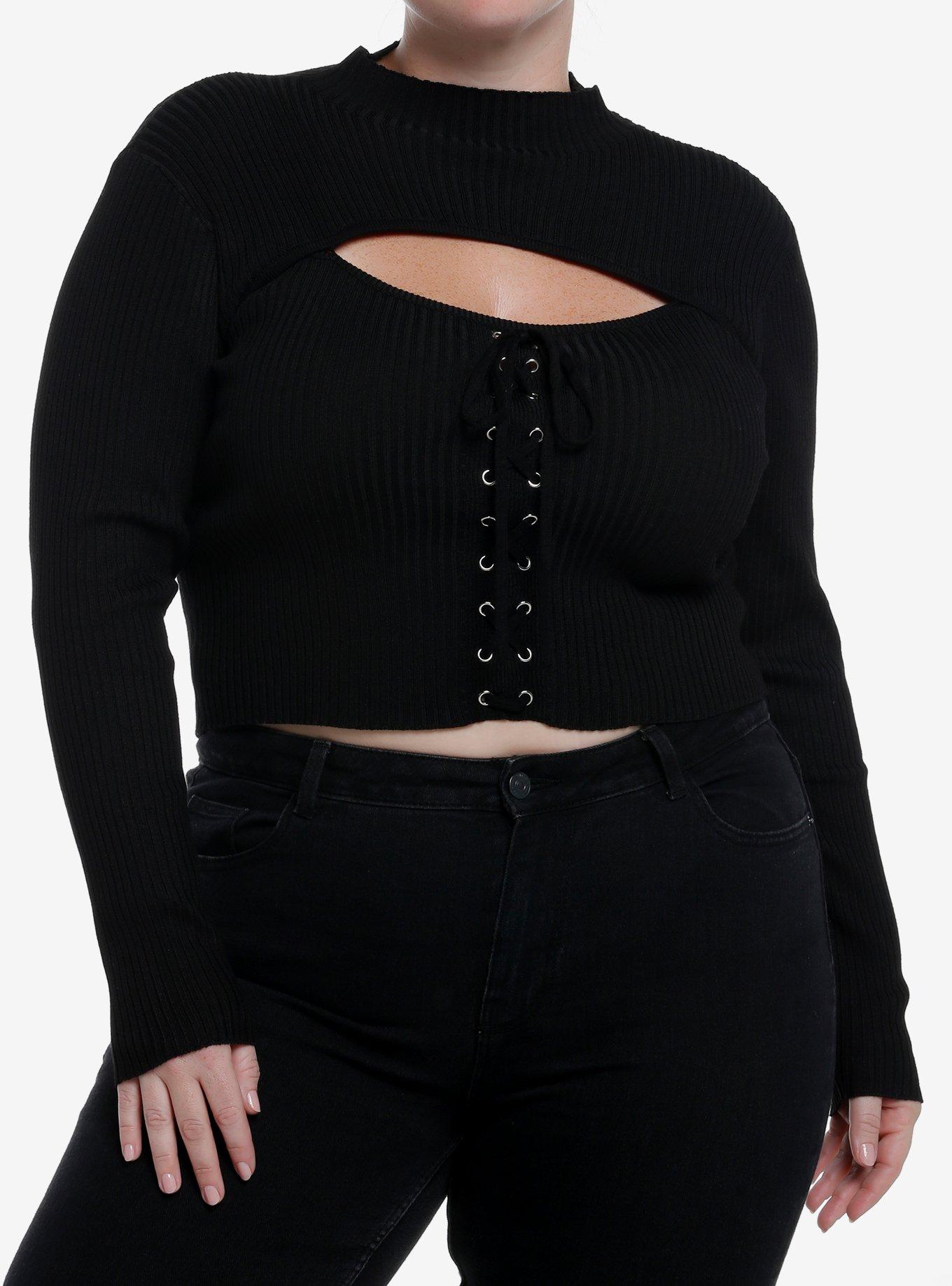 Cosmic Aura Black Lace Up Mock Neck Girls Long Sleeve Top Plus Size