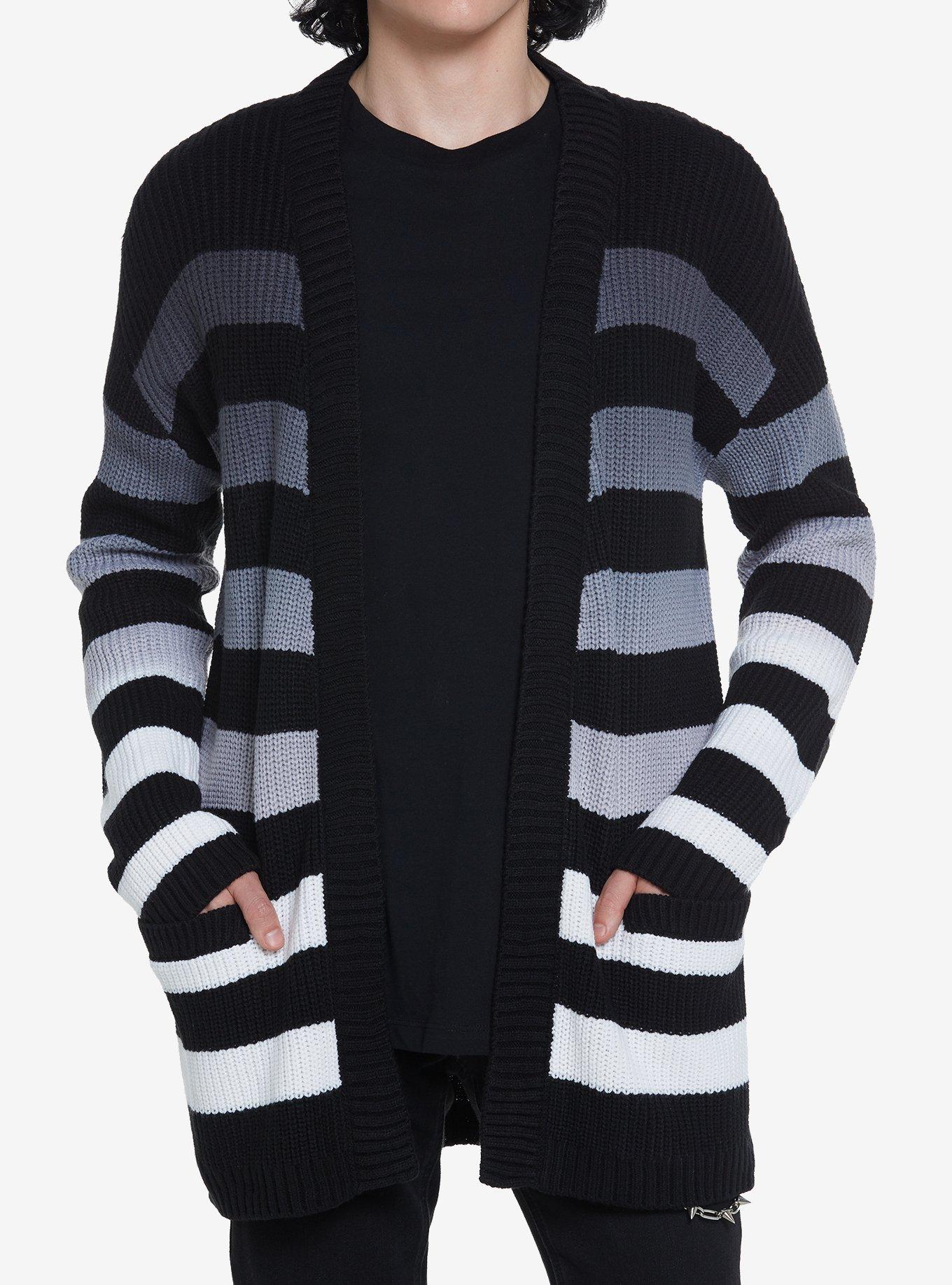 Social Collision Black & White Strip Gradient Cardigan | Hot Topic