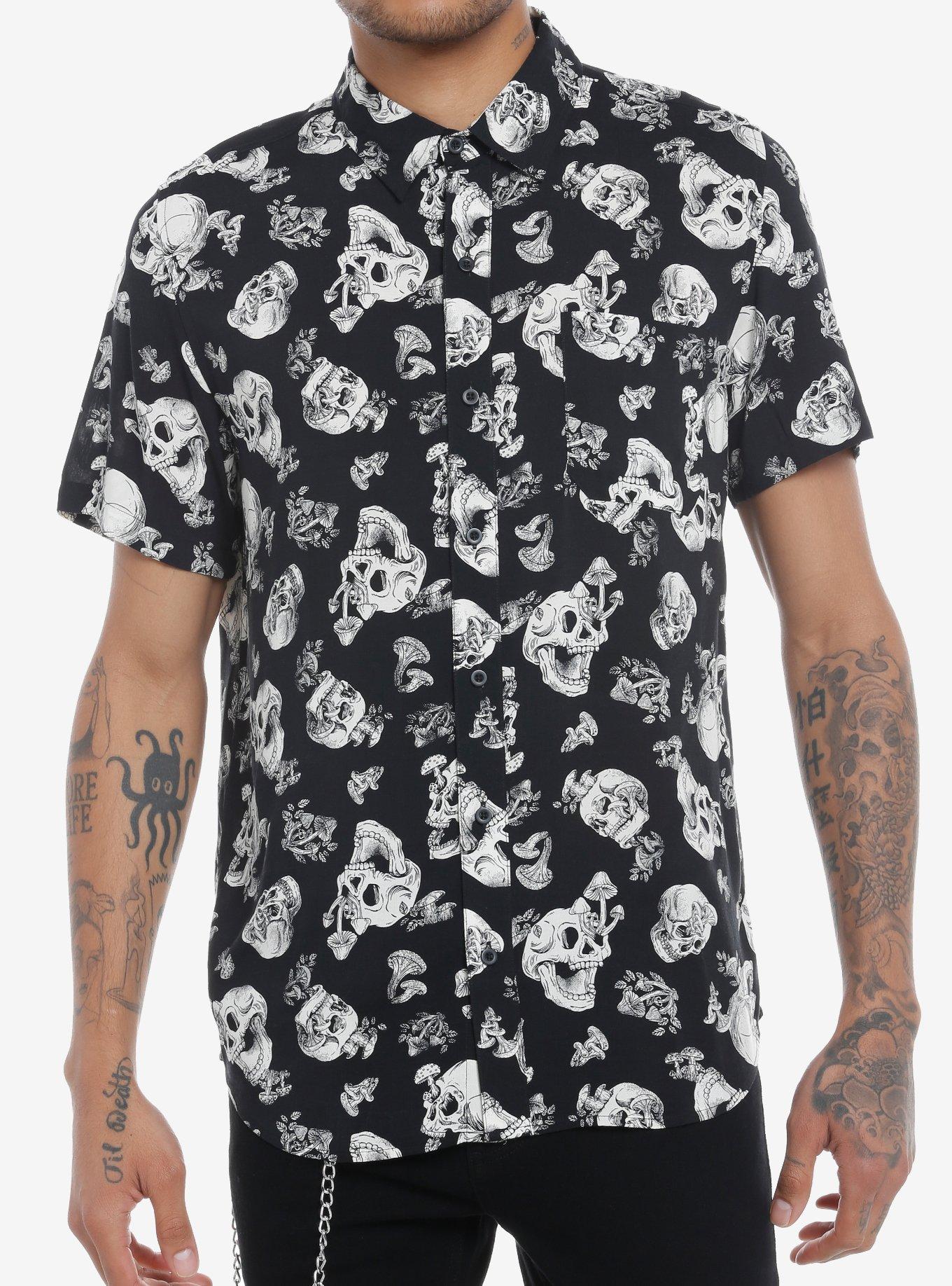 Social Collision Shroom Skulls Woven Button-Up | Hot Topic
