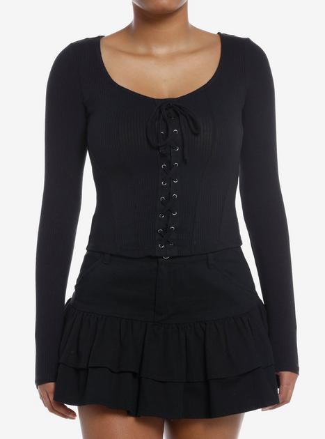 Black Lace-Up Ribbed Girls Long-Sleeve Top | Hot Topic