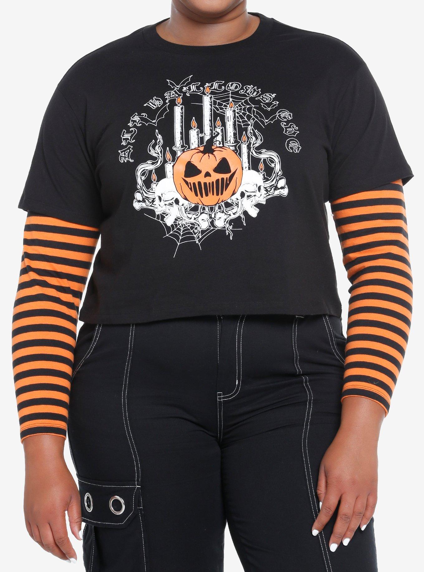 Pumpkin Candle Stripe Girls Twofer Crop Long Sleeve T Shirt Plus Size
