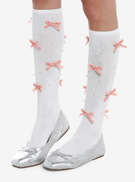 Pink Bows Pearl Beads Knee-High Socks | Hot Topic