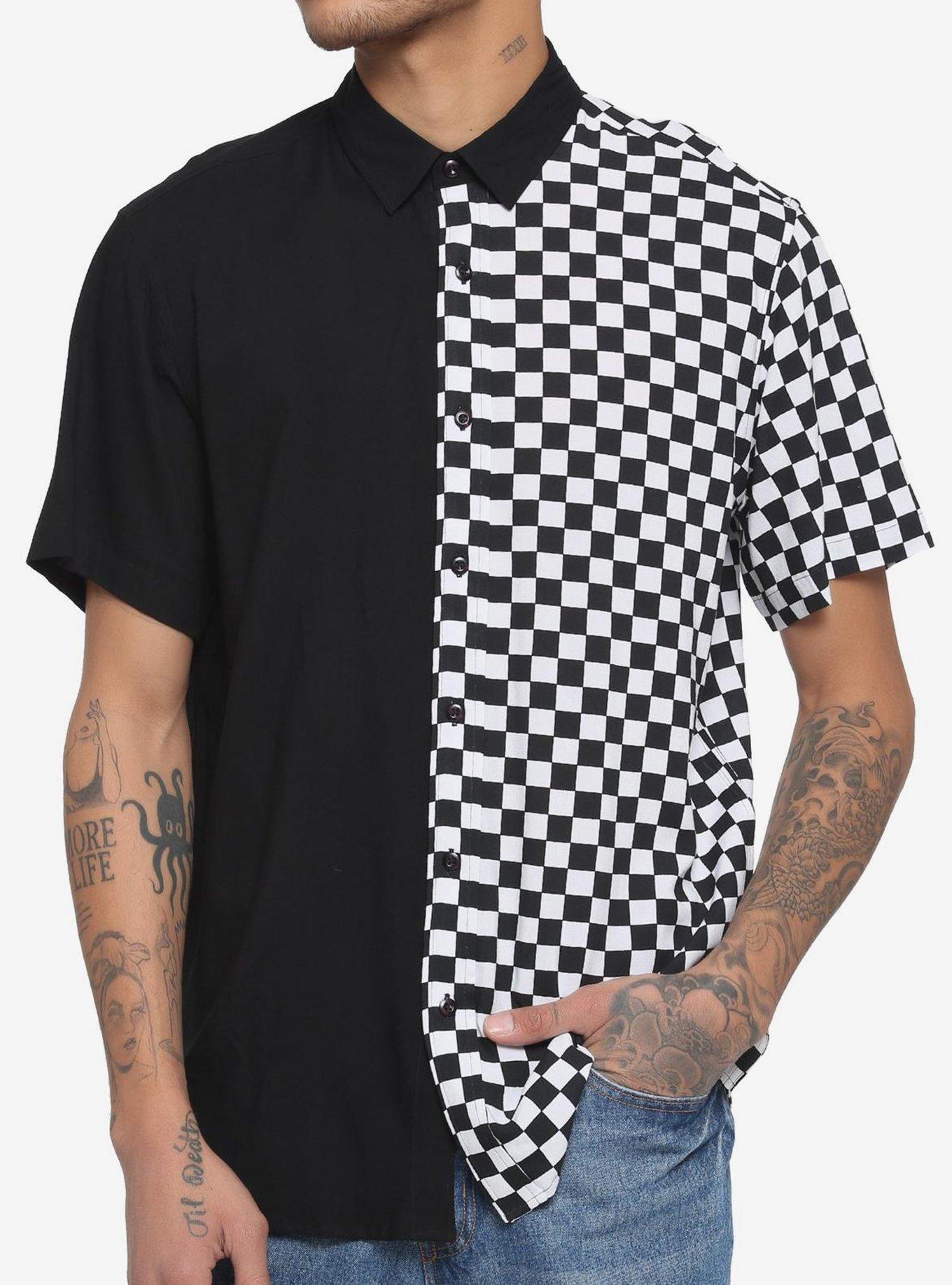 Black & White Checkered Split Woven Button-Up | Hot Topic