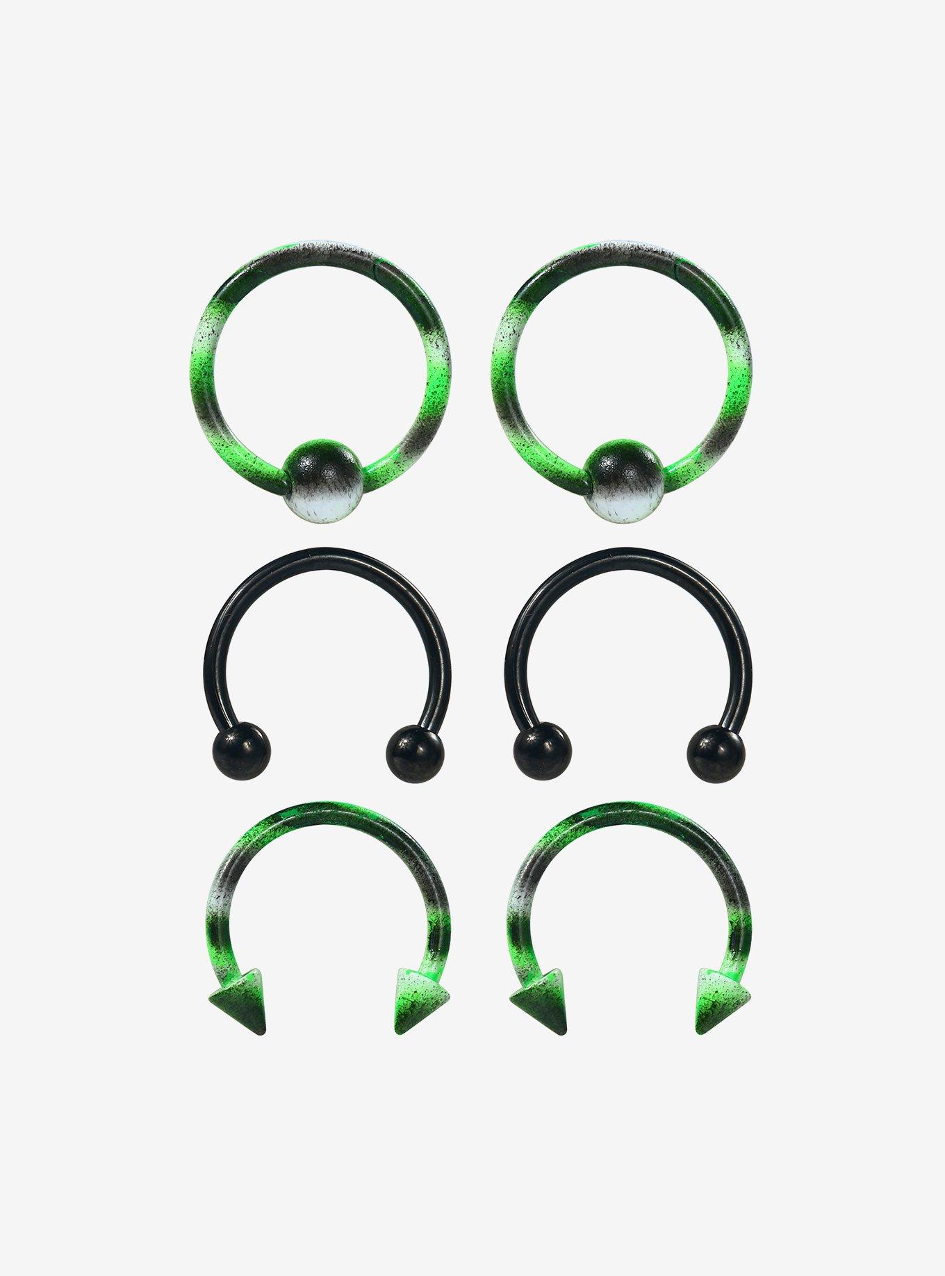 Steel Black & Green Circular Barbell & Captive Hoop 6 Pack | Hot Topic