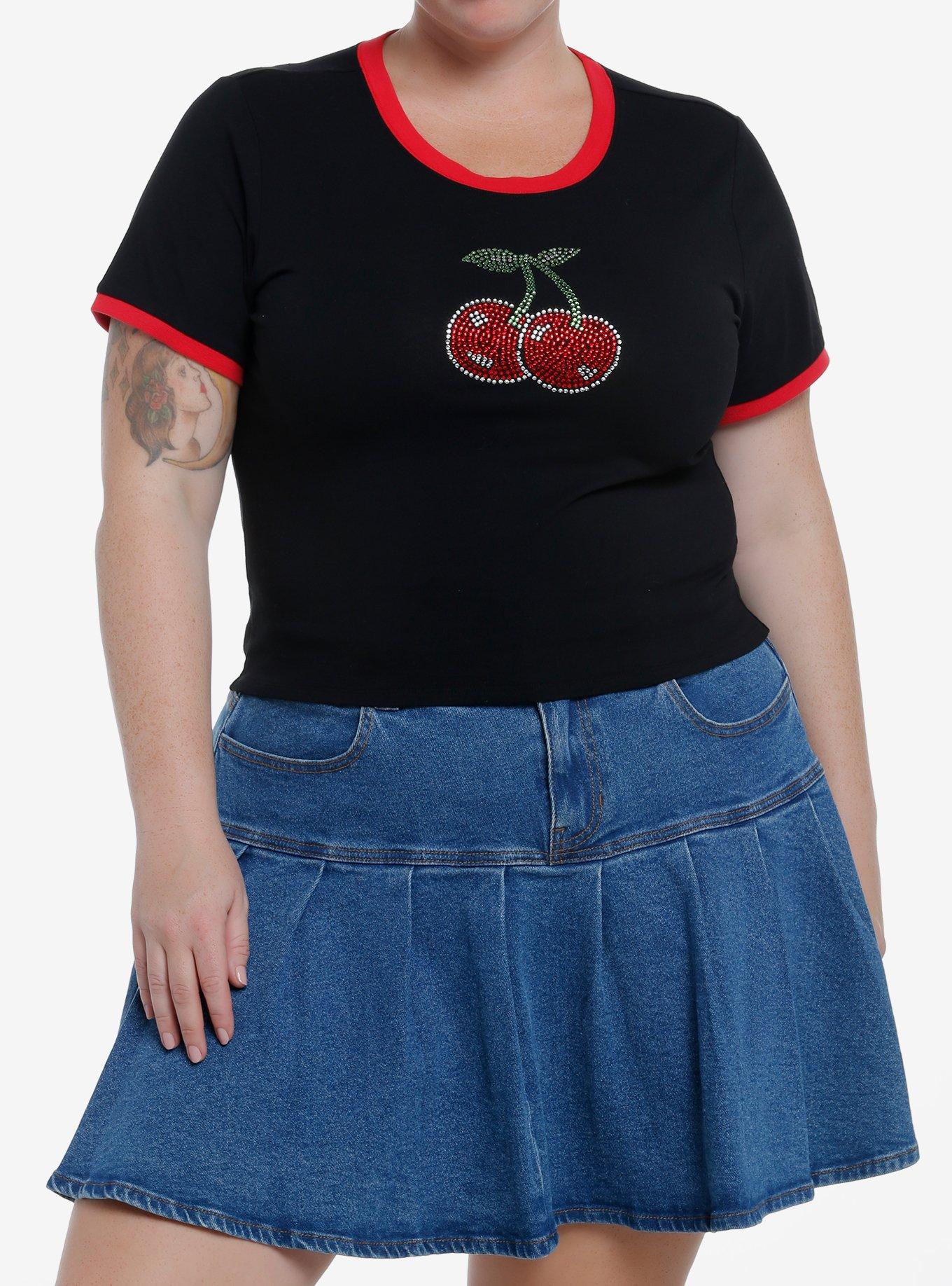 Social Collision Rhinestone Cherries Girls Crop Ringer T-Shirt Plus Size | Hot Topic