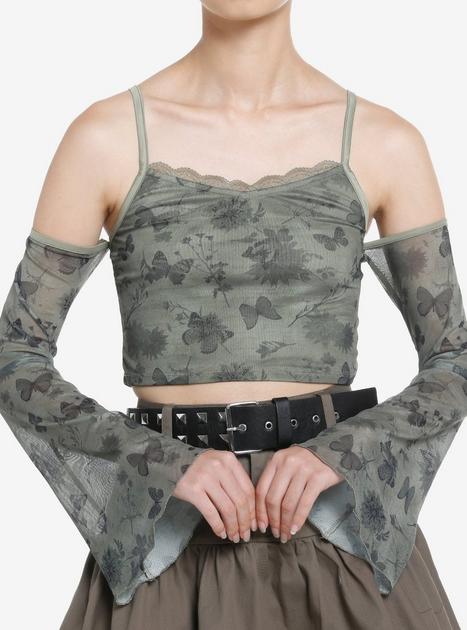Thorn & Fable Green Butterfly Mesh Girls Cold Shoulder Top | Hot Topic
