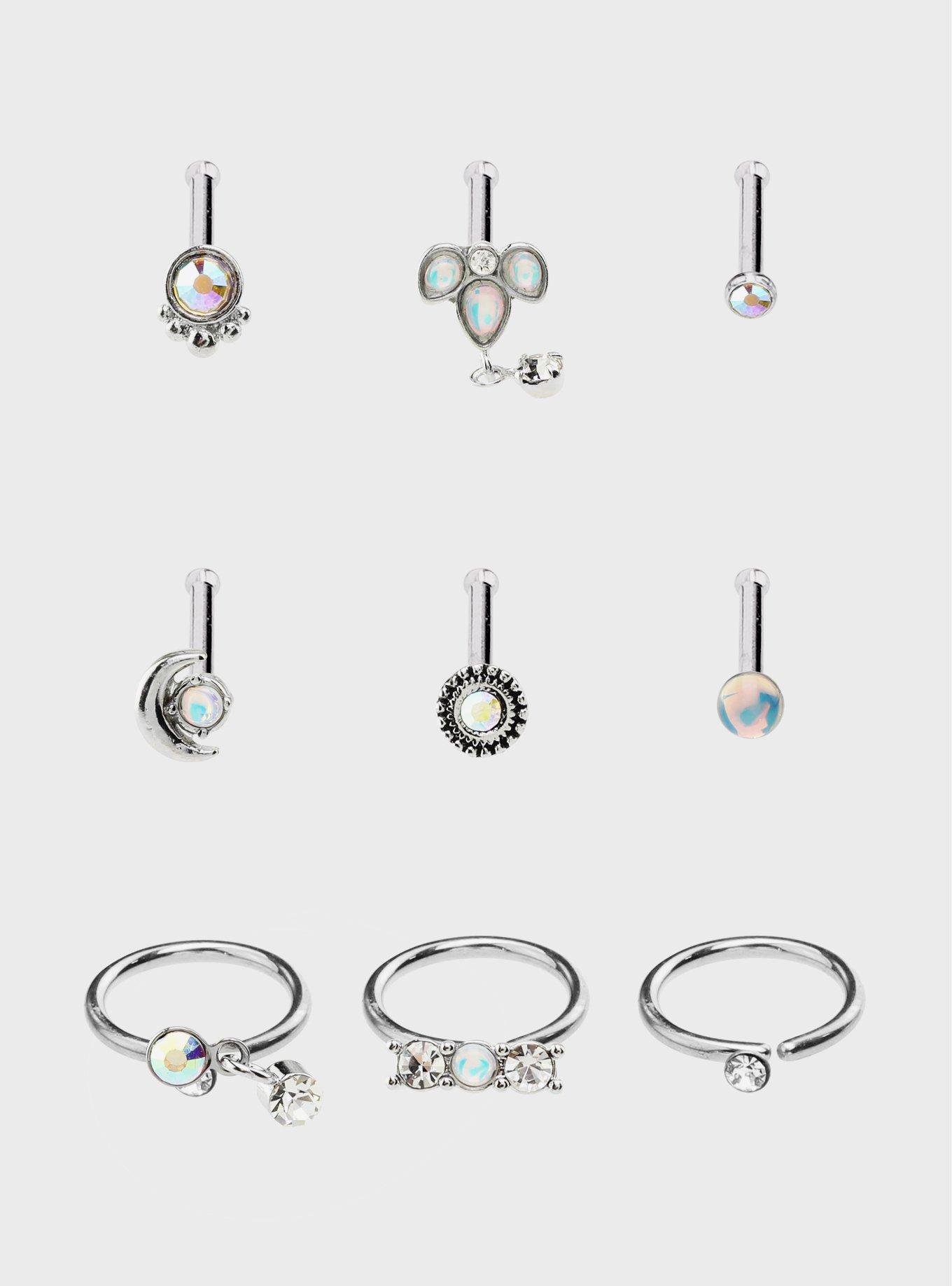 Steel Silver Iridescent Gems Nose Stud & Captive Hoop 9 Pack | Hot Topic