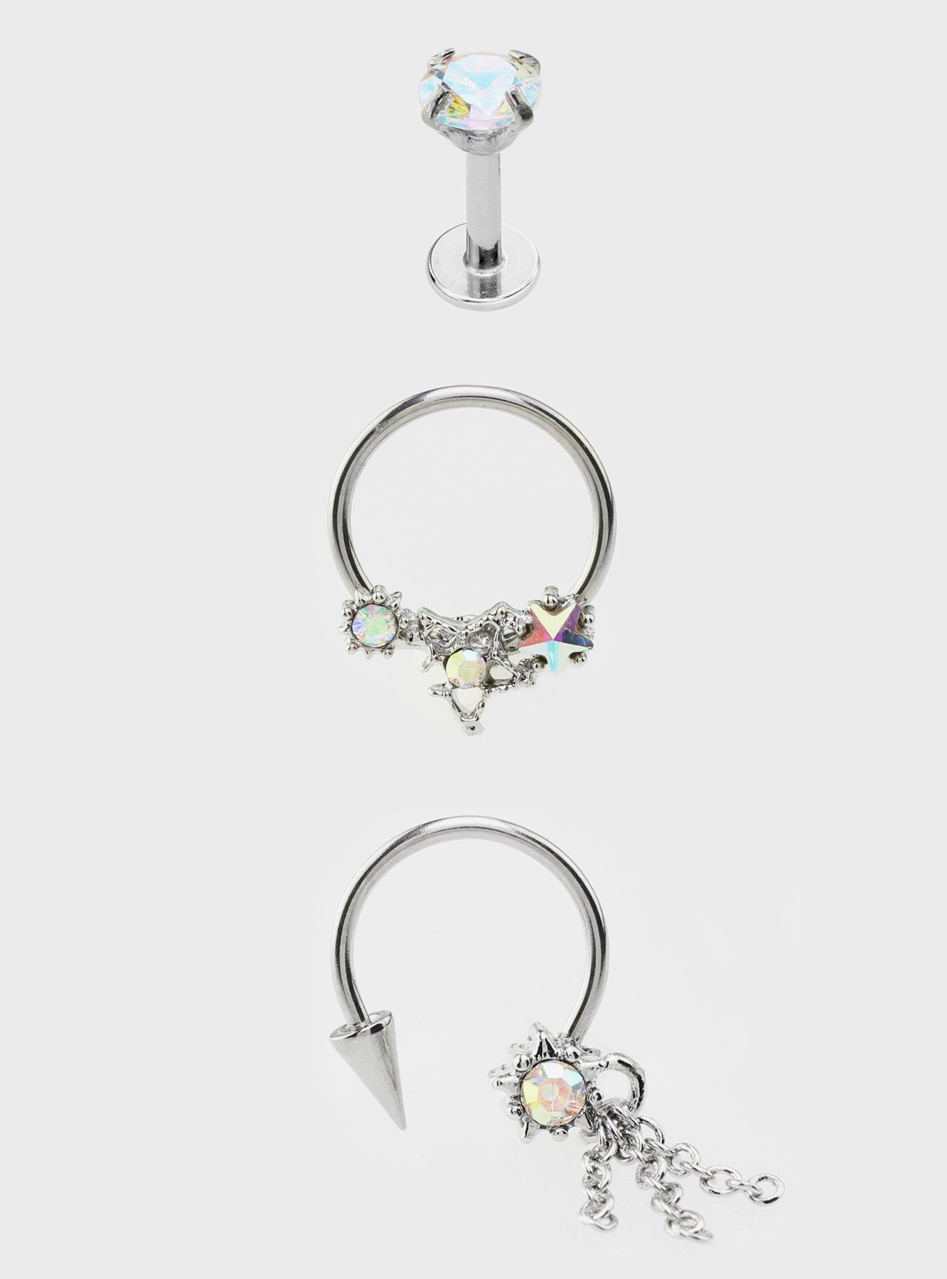 18G Steel Silver Stars & Gems Labret Stud Spike & Hoop 3 Pack | Hot Topic