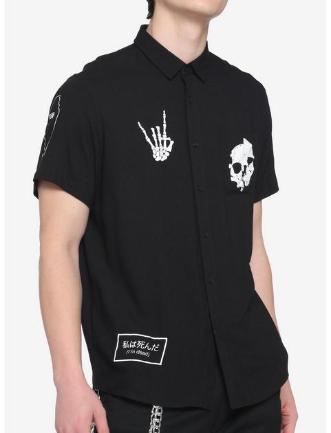 Skeleton Patches Black Woven Button-Up | Hot Topic