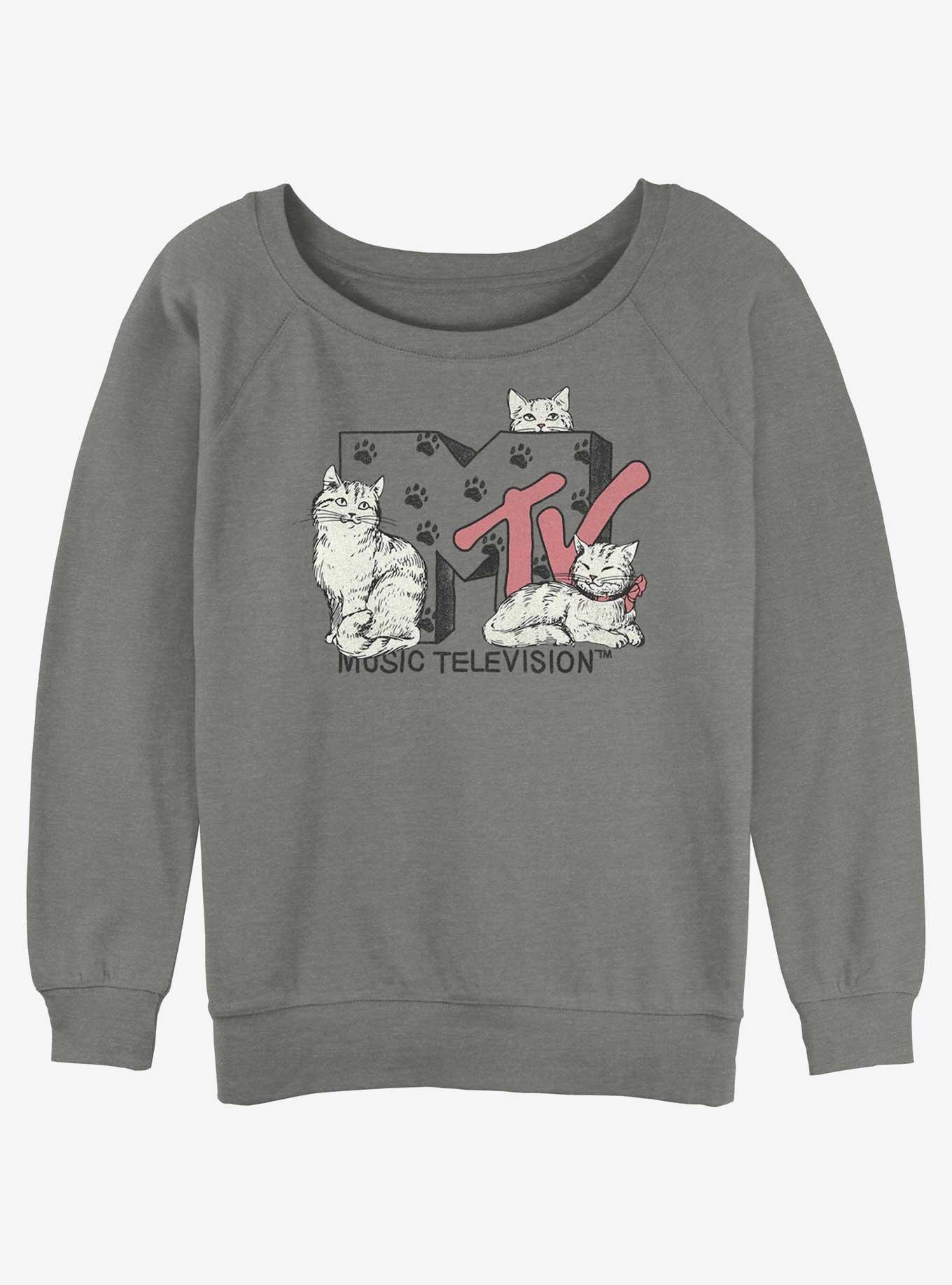 Mtv Meowsic Television Cat Logo Girls Slouchy Sweatshirt Grey Hot Topic