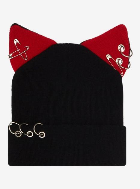 Red & Black Pierced Cat Ears Beanie | Hot Topic