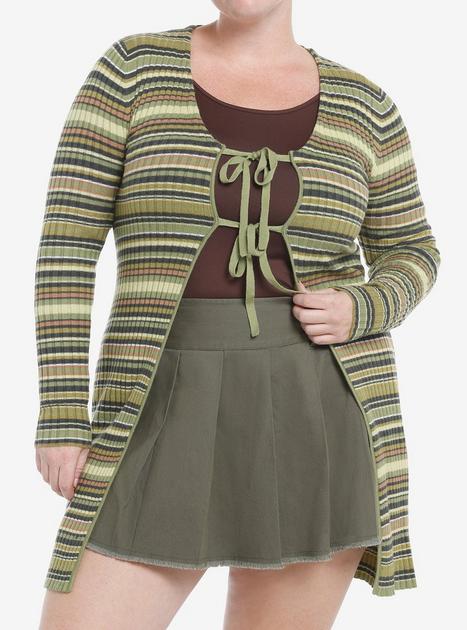 Social Collision Green & Brown Stripe Longline Girls Cardigan Plus Size ...