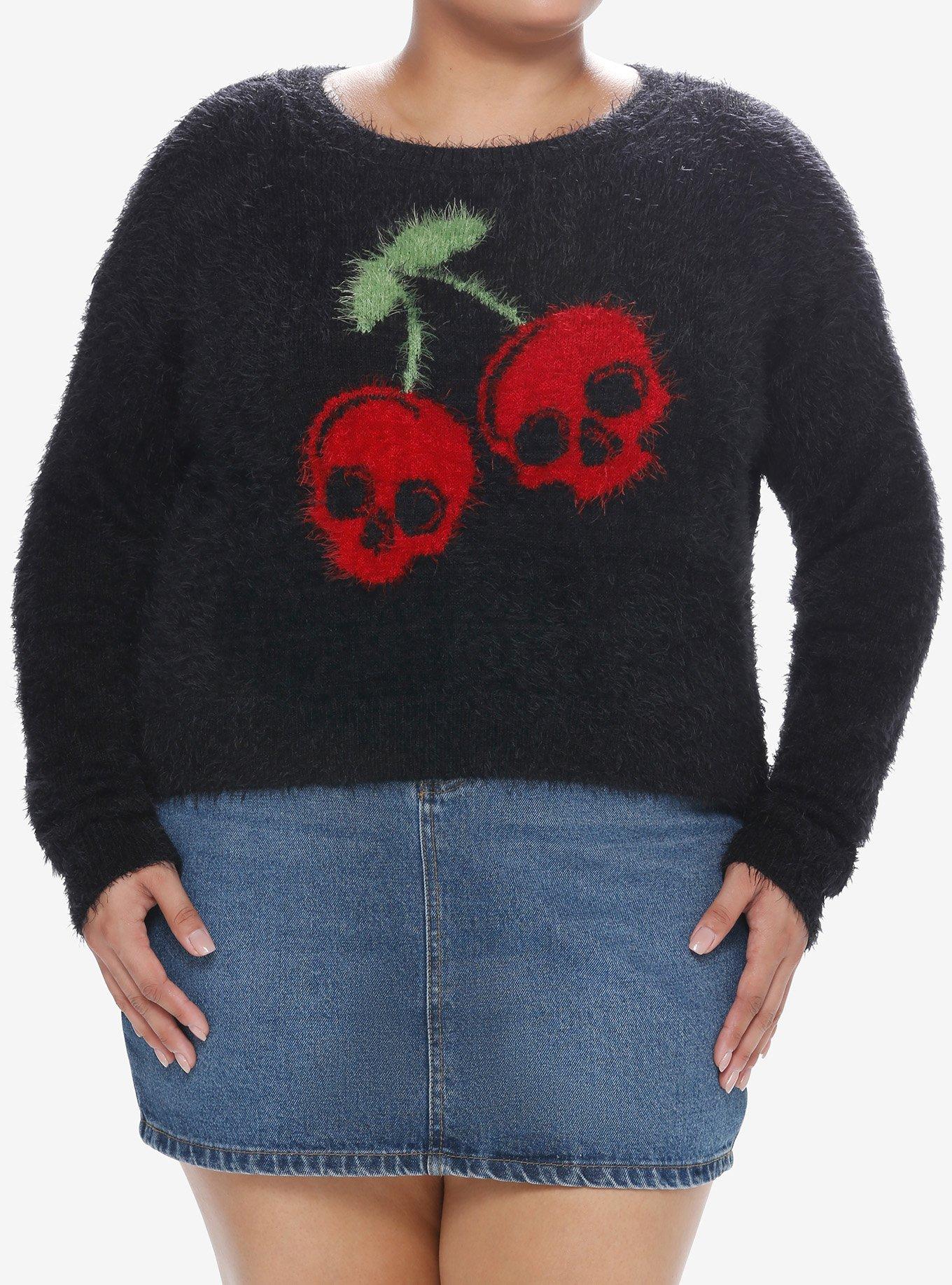 Social Collision Skull Cherry Girls Fuzzy Sweater Plus Size | Hot Topic