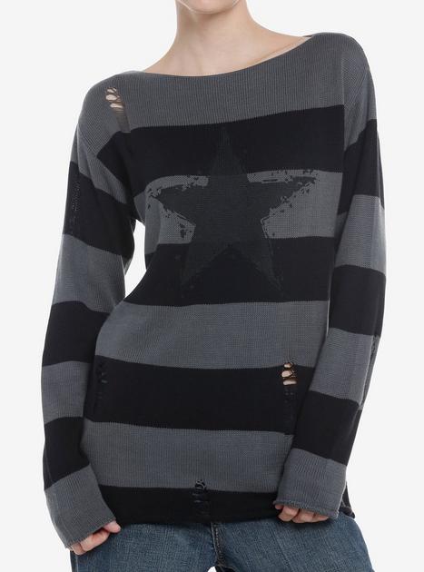 Black & Grey Stripe Star Distressed Girls Sweater | Hot Topic