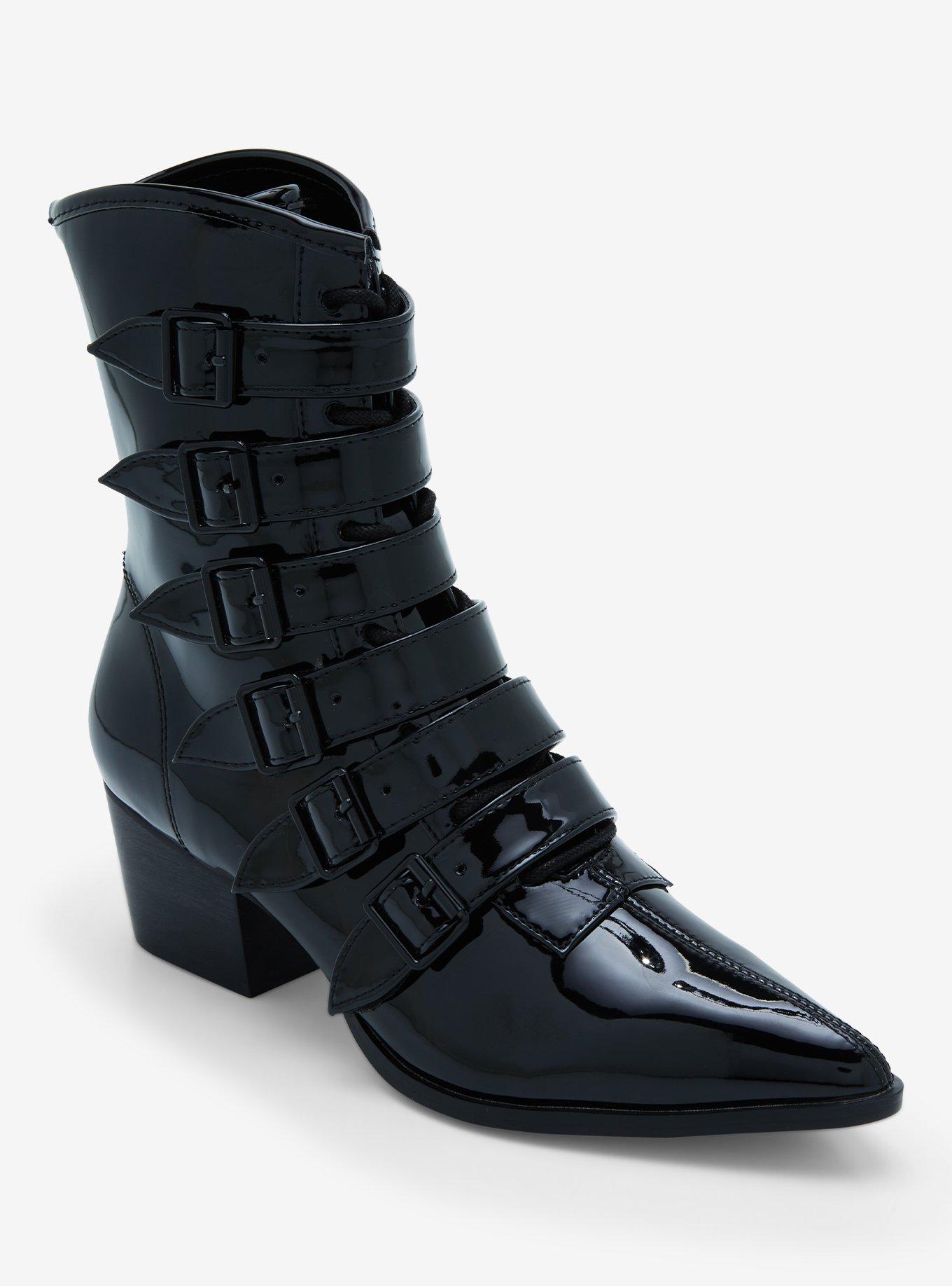 Strange Cvlt Shiny Black Strap Coven Boots | Hot Topic