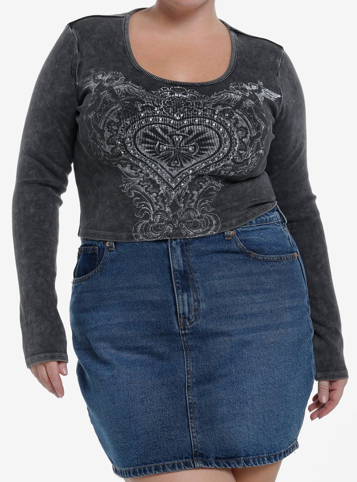 Social Collision Ornate Heart And Cross Rib Girls Long Sleeve Top Plus