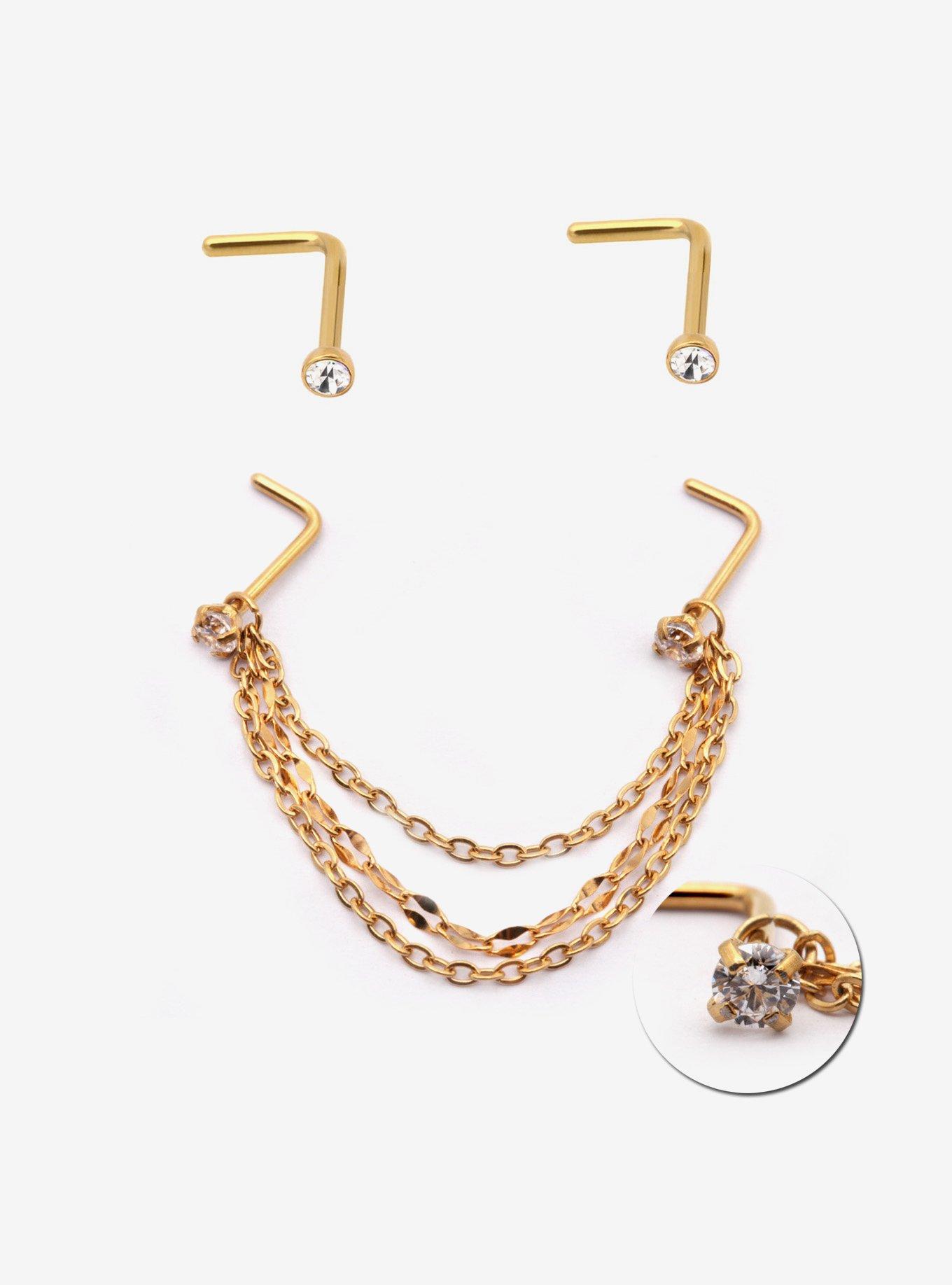Steel Gold Gem Nose Stud With Chain 4 Pack | Hot Topic