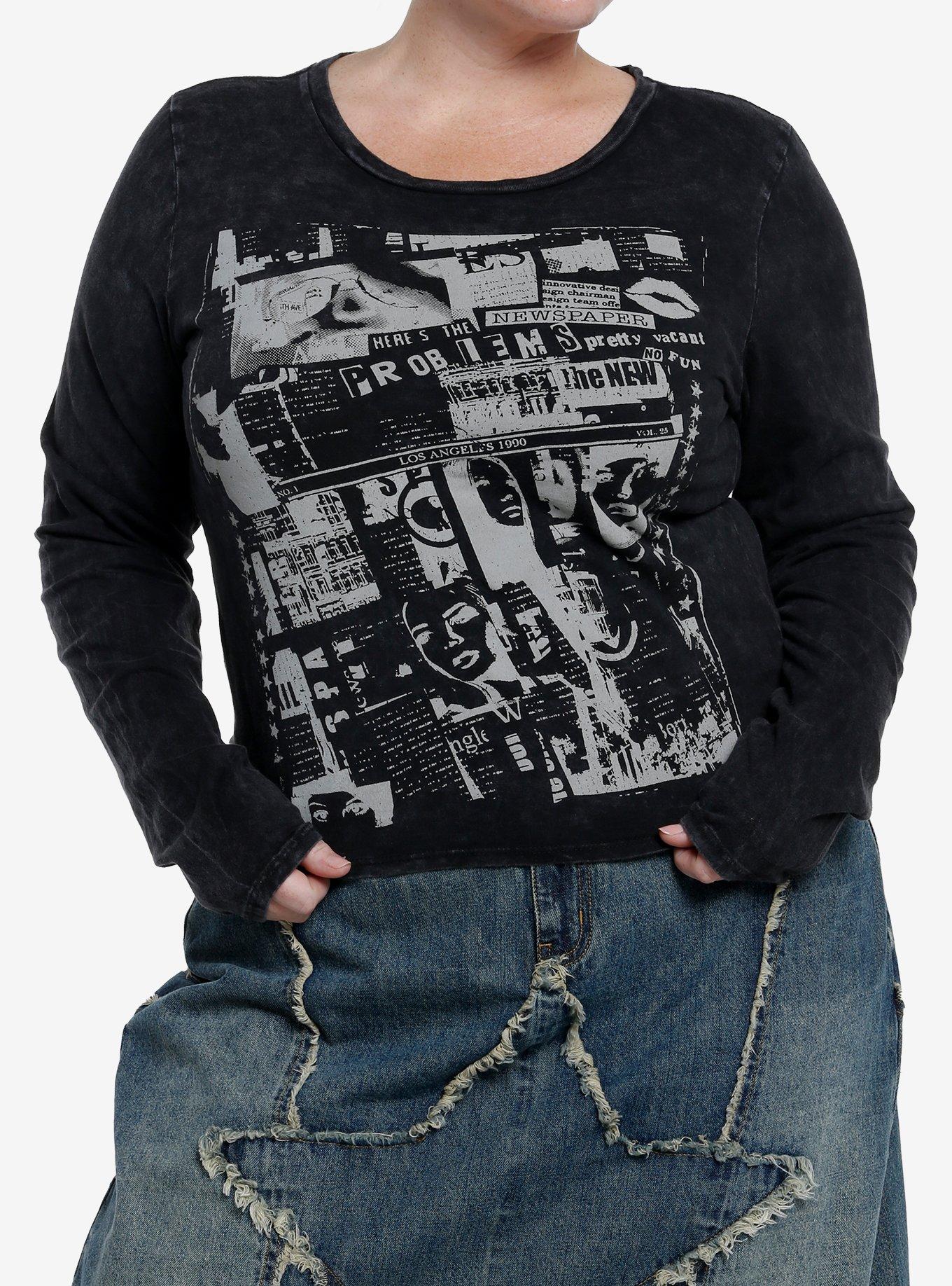 Social Collision Newspaper Mineral Wash Girls Long Sleeve Top Plus Size