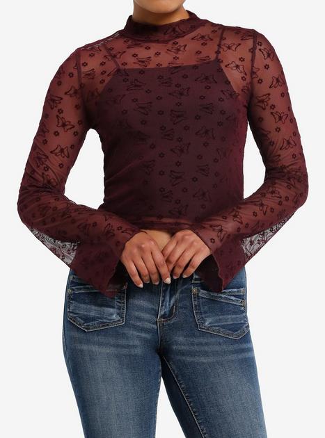Maroon Floral Mesh Girls Long-Sleeve Twofer | Hot Topic