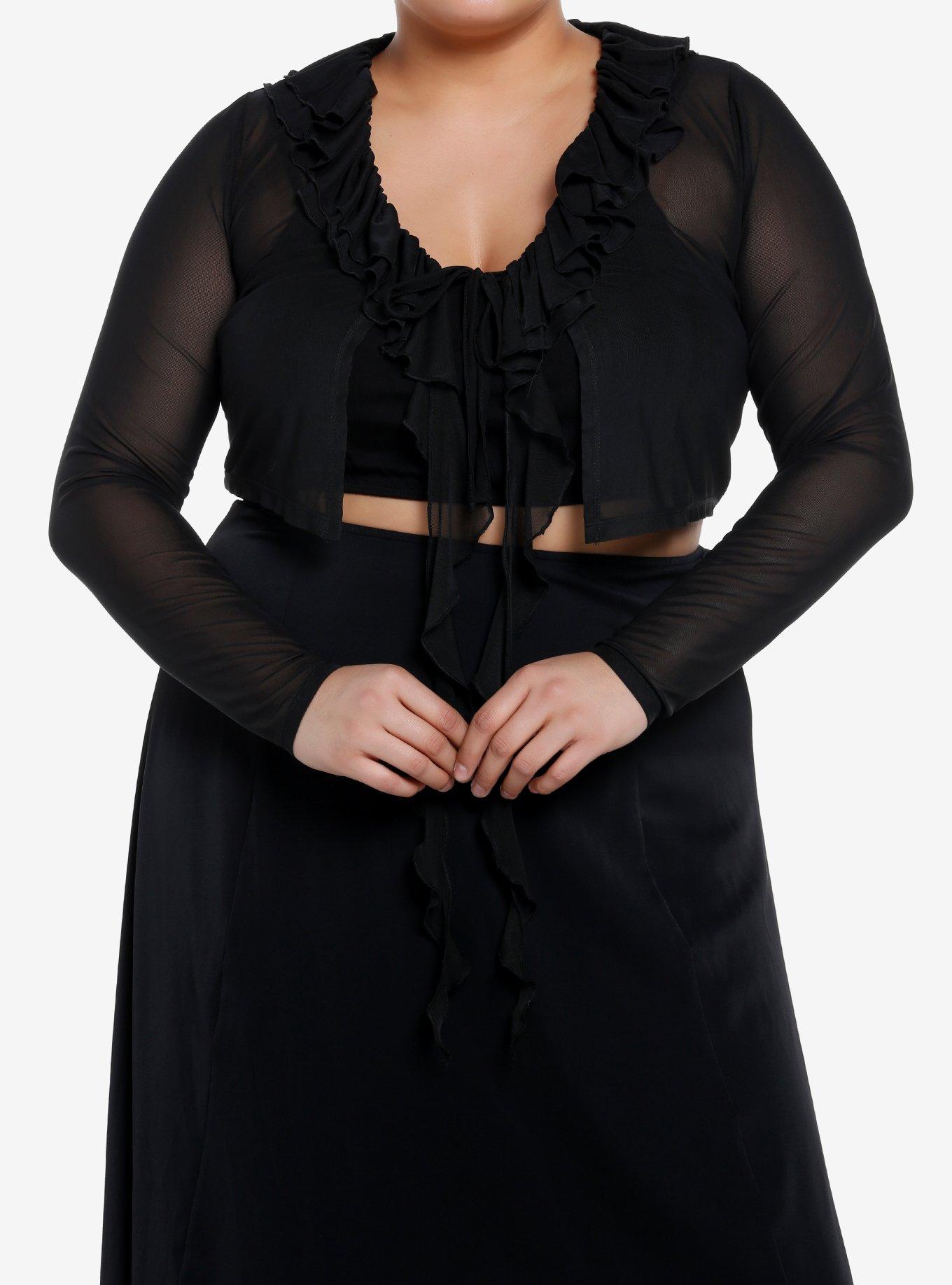 Social Collision Ruffle Tie-Front Girls Mesh Long-Sleeve Crop Top Plus ...