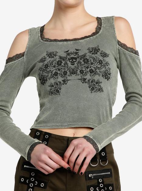 Social Collision Skull Floral Girls Cold Shoulder Long-Sleeve Top | Hot ...