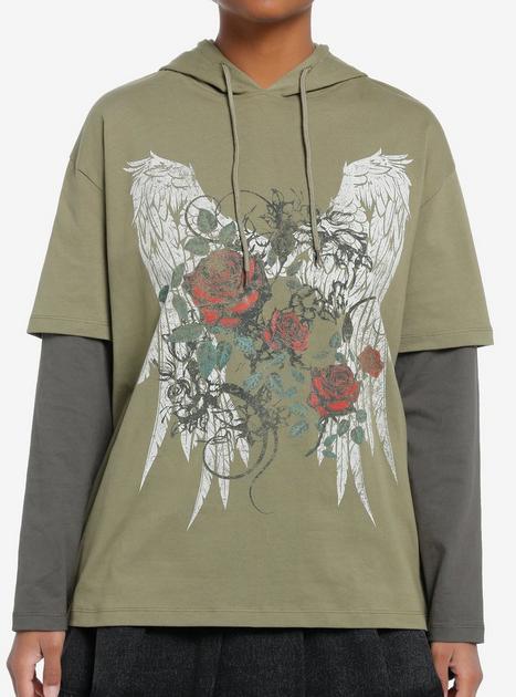 Social Collision Angel Wings Twofer Hooded Girls Long Sleeve T Shirt