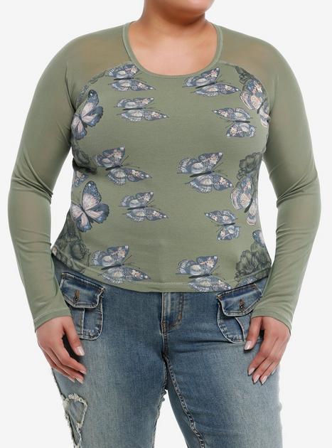Thorn And Fable Butterfly Mesh Panel Girls Long Sleeve Top Plus Size