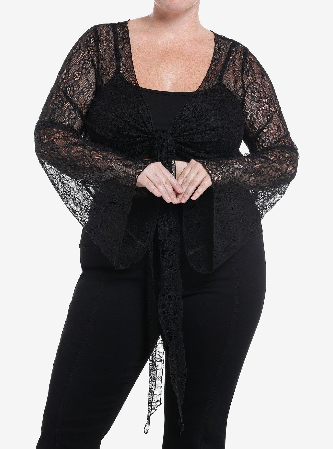 Cosmic Aura Black Lace Bell Sleeve Tie Front Girls Top Plus Size Hot