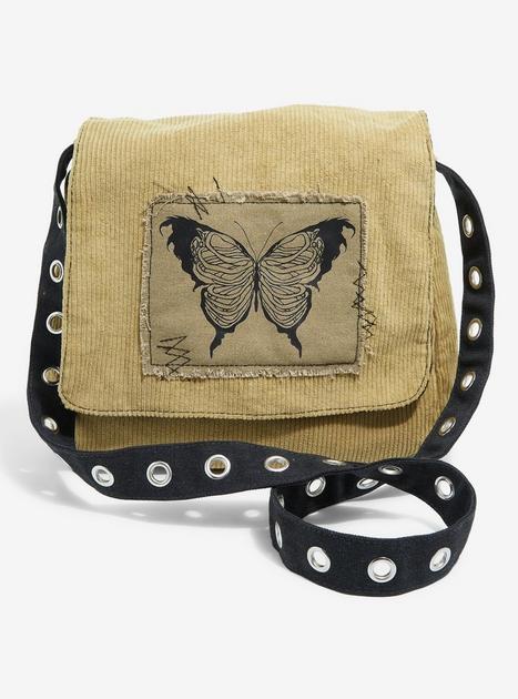 Butterfly Skeleton Corduroy Grommet Strap Messenger Bag | Hot Topic